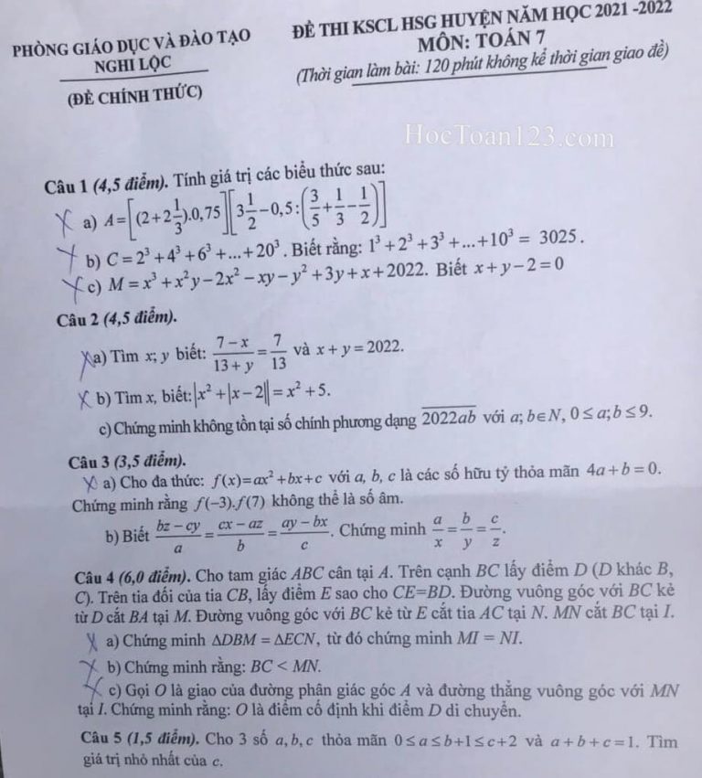 Đề thi HSG Toán 7 huyện Nghi Lộc, Nghệ An 2021-2022 - Học Toán 123