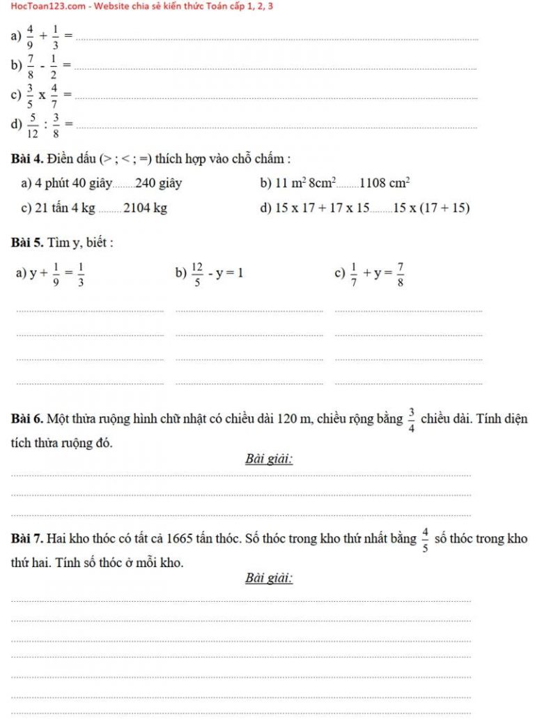 Bài kiểm tra chất lượng đầu năm Toán lớp 5 có đáp án - Học Toán 123