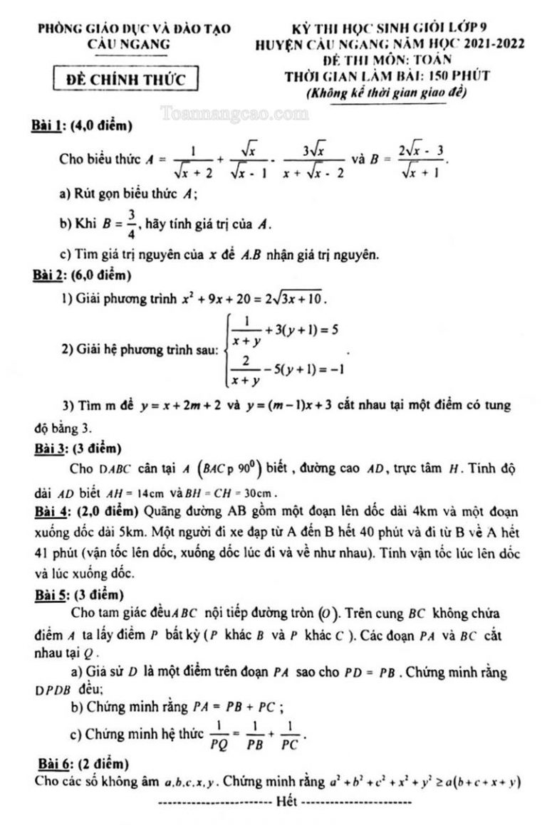 Đề thi HSG Toán 9 huyện Cầu Ngang, Trà Vinh 2021-2022 - Học Toán 123