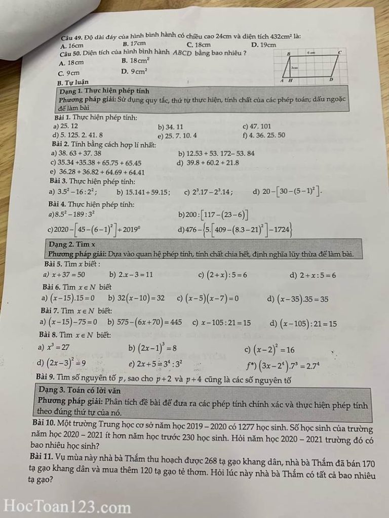 Đề cương ôn tập giữa HK1 môn Toán 6 THCS Nguyễn Trãi, Hà Đông 2022-2023
