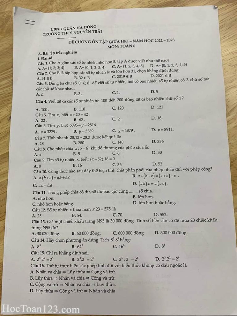 Đề cương ôn tập giữa HK1 môn Toán 6 THCS Nguyễn Trãi, Hà Đông 2022-2023