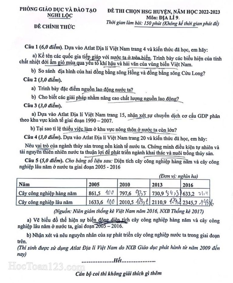 Đề thi HSG Địa lí 9 huyện Nghi Lộc, Nghệ An 2022-2023 - Học Toán 123