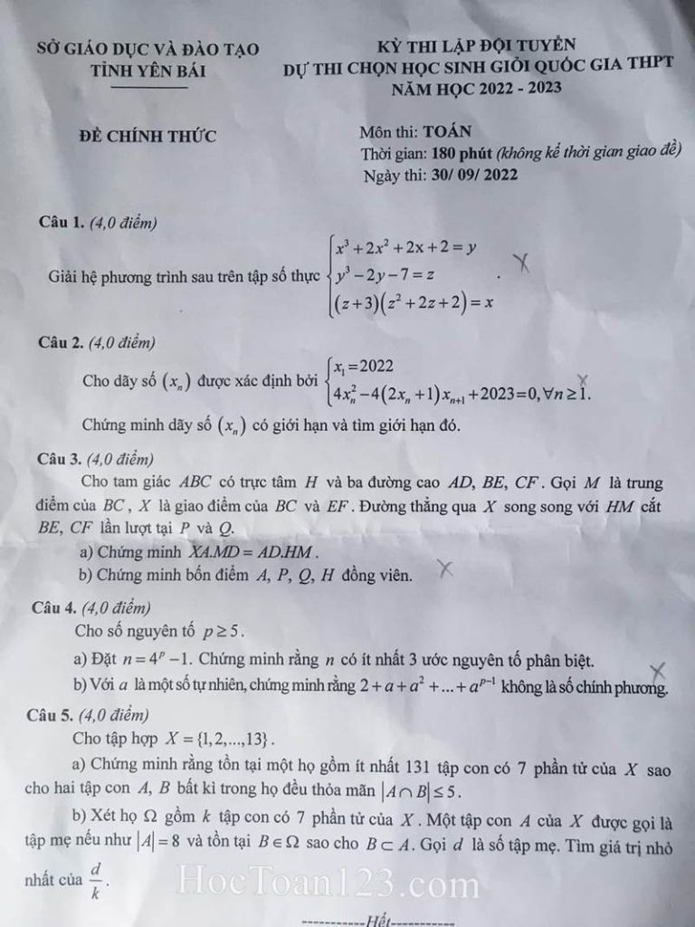 Đề thi Toán chọn đội tuyển thi HSG quốc gia THPT tỉnh Yên Bái 2022-2023