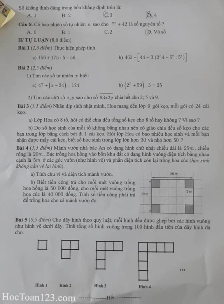 Đề kiểm tra giữa HK1 môn Toán 6 THCS Giảng Võ 2022-2023 - Học Toán 123