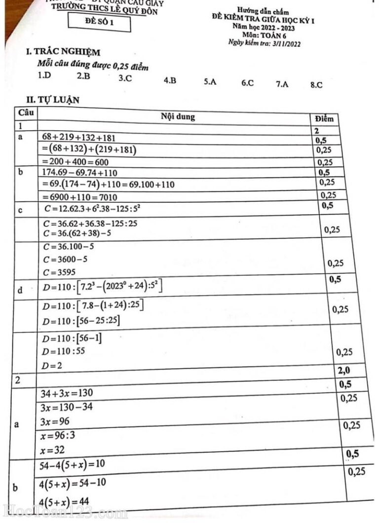 Đề kiểm tra giữa HK1 môn Toán 6 THCS Lê Quý Đôn 2022-2023 có đáp án