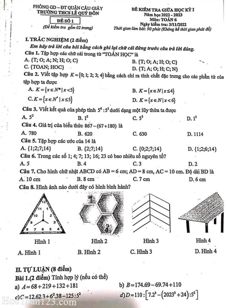 Đề kiểm tra giữa HK1 môn Toán 6 THCS Lê Quý Đôn 2022-2023 có đáp án