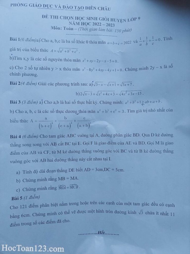 Đề thi HSG Toán 9 huyện Diễn Châu, Nghệ An 2022-2023 - Học Toán 123