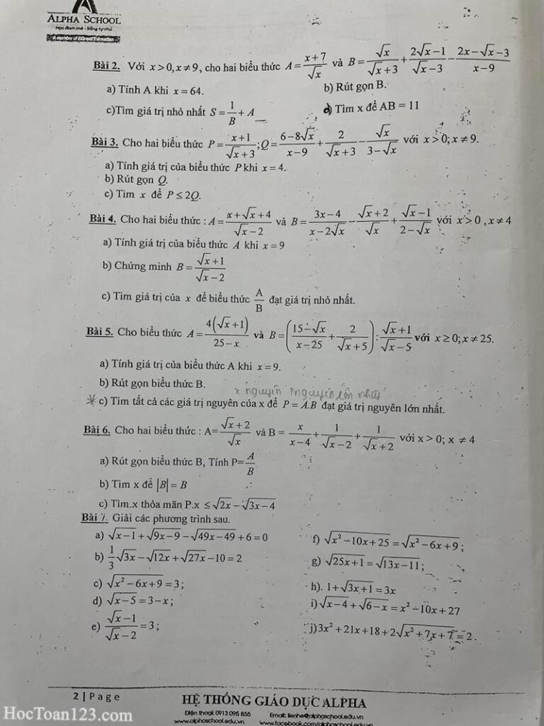 Đề cương ôn tập HK1 môn Toán 9 trường Alpha School 2022-2023