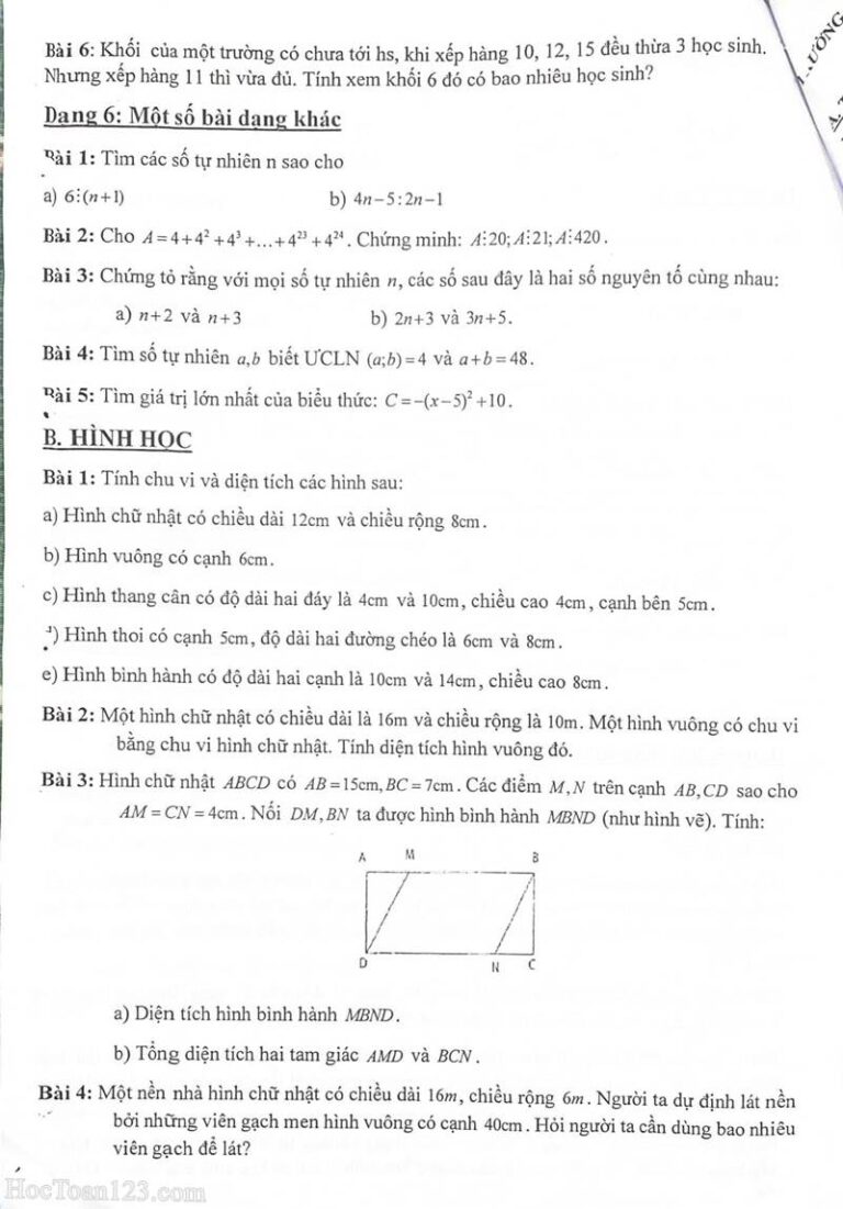 Đề cương ôn thi HK1 Toán 6 THCS Khương Đình 2022-2023