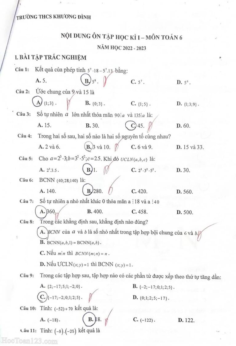 Đề cương ôn thi HK1 Toán 6 THCS Khương Đình 2022-2023