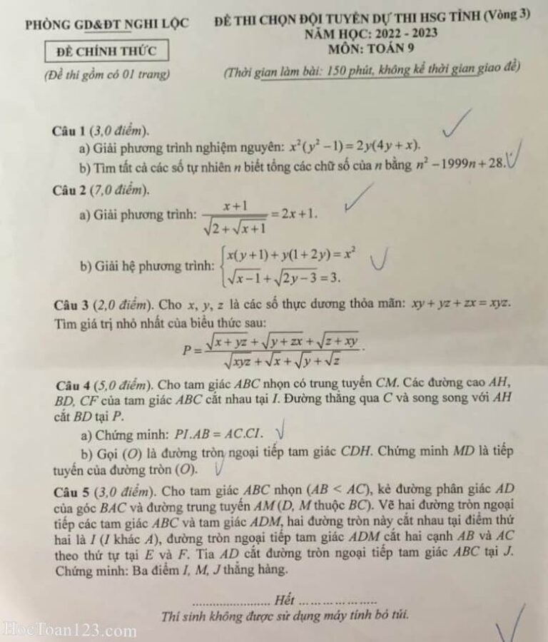 Đề thi chọn HSG Toán 9 vòng 3 huyện Nghi Lộc, Nghệ An 2022-2023
