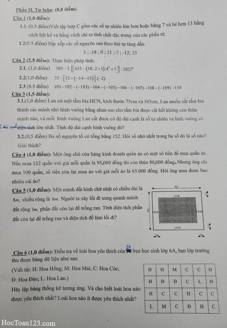Đề thi HK1 môn Toán 6 THCS Nguyễn Tri Phương 2022-2023
