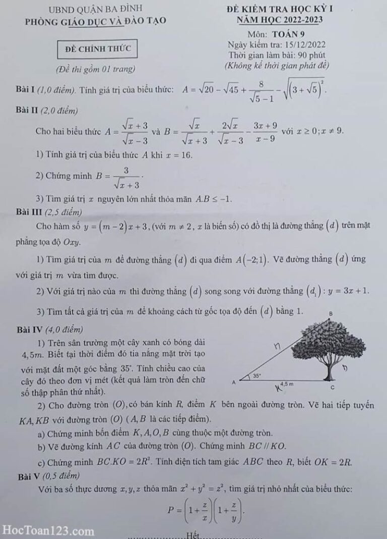 Đề thi HK1 môn Toán 9 quận Ba Đình, Hà Nội 2022-2023 có đáp án