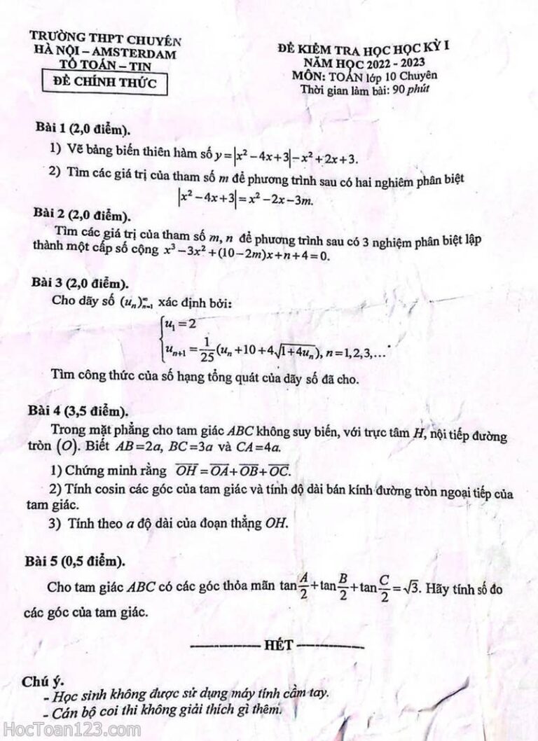 Đề thi HK1 Toán 10 THPT chuyên Hà Nội - Amsterdam 2022-2023
