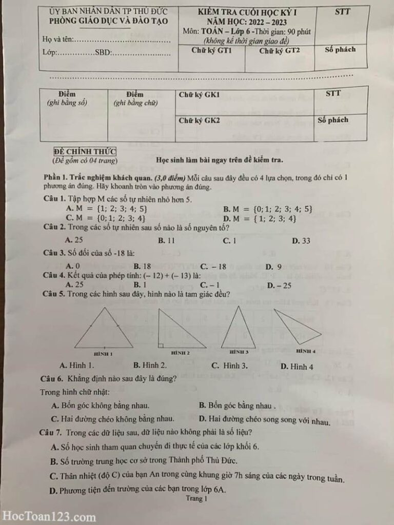 Đề thi HK1 Toán 6 thành phố Thủ Đức 2022-2023 - Học Toán 123