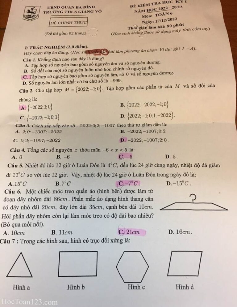 Đề thi HK1 Toán 6 THCS Giảng Võ, quận Ba Đình 2022-2023