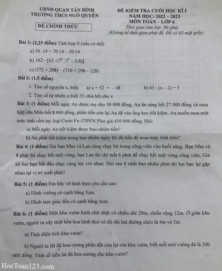 Đề thi HK1 Toán 6 THCS Ngô Quyền, quận Tân Bình 2022-2023