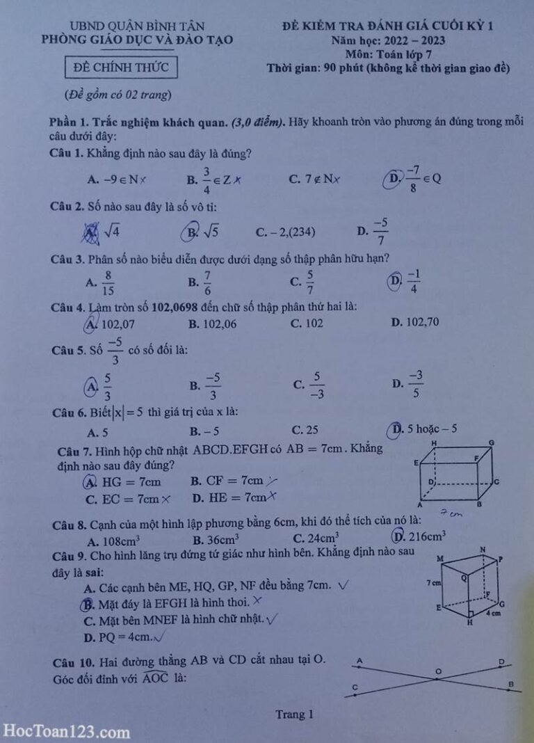 Đề thi HK1 Toán 7 quận Bình Tân 2022-2023 - Học Toán 123