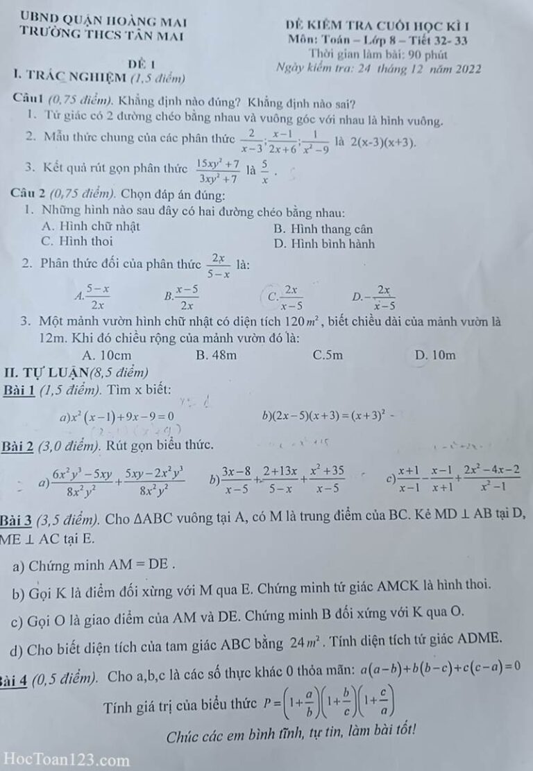 Đề thi HK1 Toán 8 THCS Tân Mai, quận Hoàng Mai 2022-2023