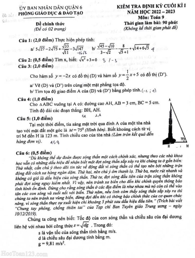 Đề thi HK1 Toán 9 quận 6 năm 2022-2023 - Học Toán 123
