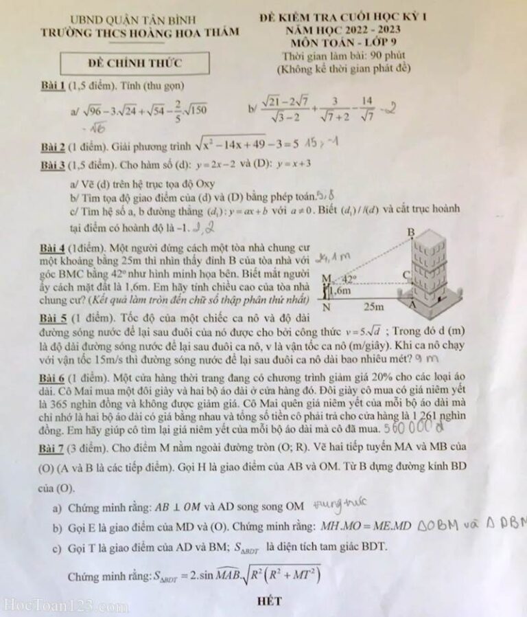 Đề thi HK1 Toán 9 THCS Hoàng Hoa Thám, quận Tân Bình 2022-2023