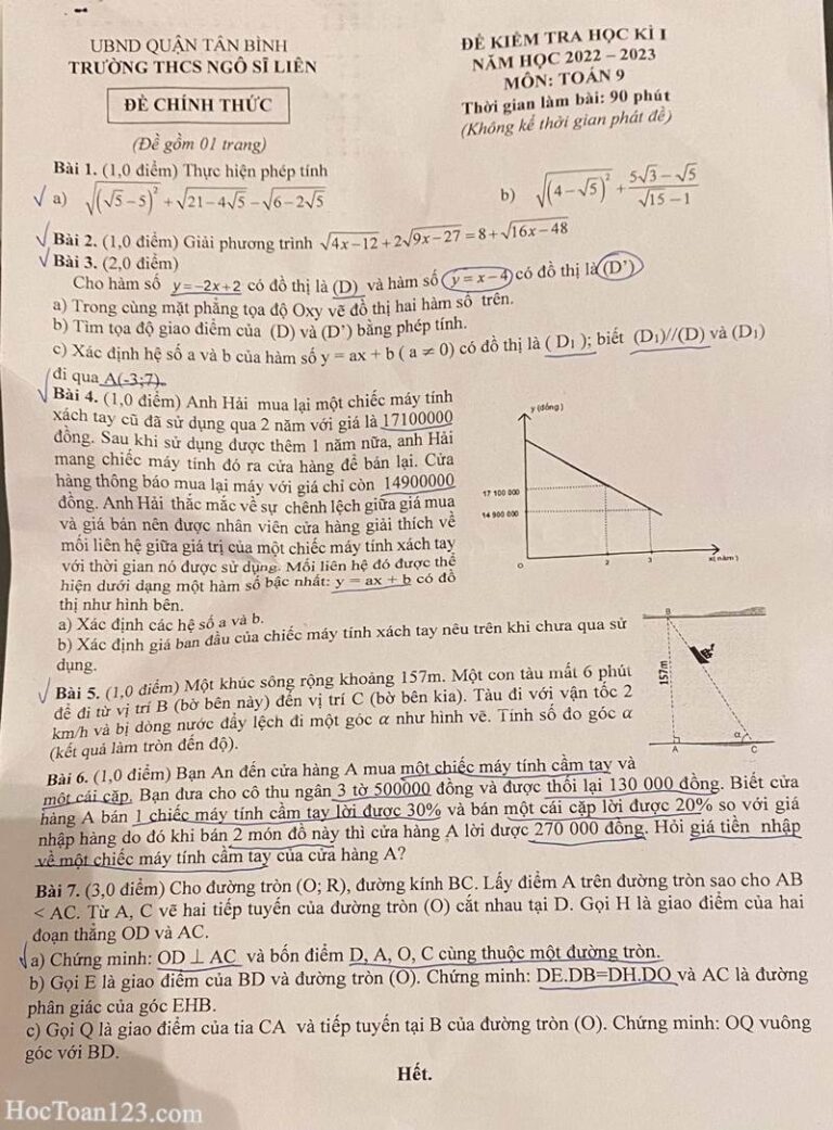 Đề thi HK1 Toán 9 THCS Ngô Sĩ Liên, quận Tân Bình 2022-2023