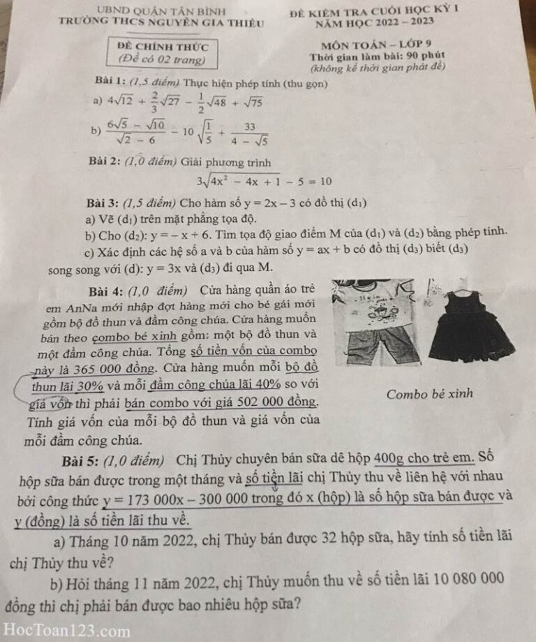 Đề thi HK1 Toán 9 THCS Nguyễn Gia Thiều, quận Tân Bình 2022-2023