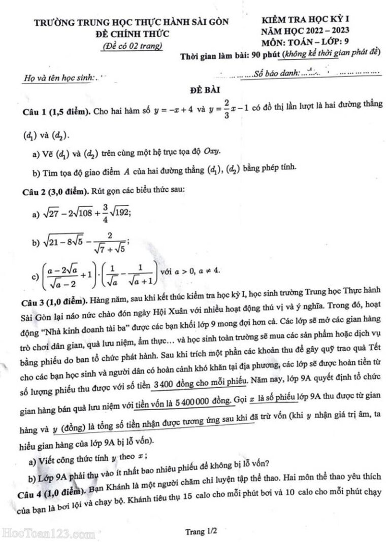 Đề thi HK1 Toán 9 Trung học thực hành Sài Gòn 2022-2023