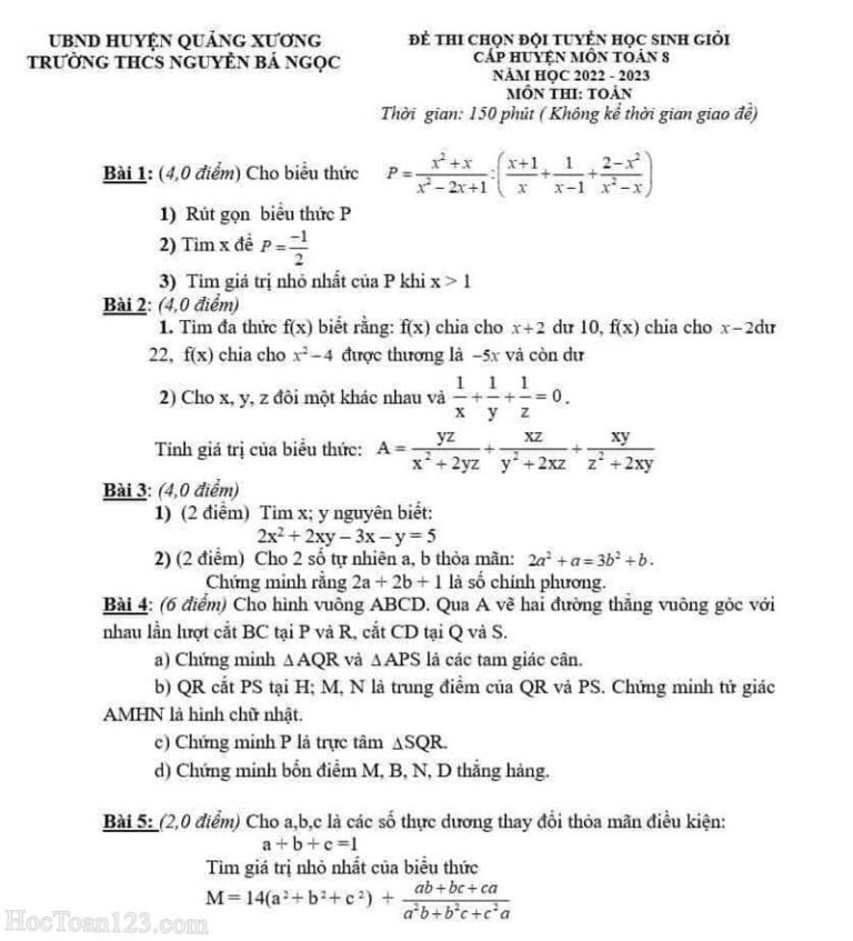 Đề thi HSG Toán 8 THCS Nguyễn Bá Ngọc 2022-2023 có đáp án