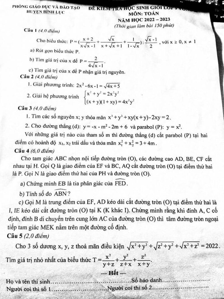 Đề thi HSG Toán 9 vòng 2 huyện Bình Lục, Hà Nam 2022-2023