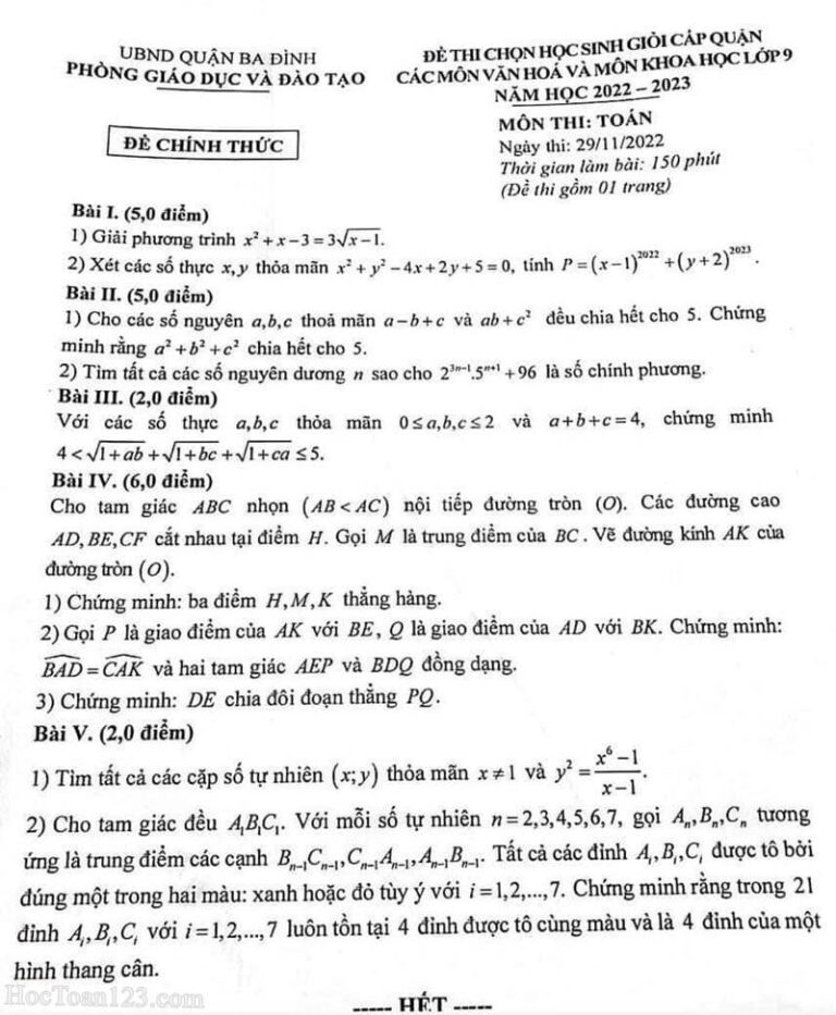 Đề thi HSG Toán 9 quận Ba Đình 2022-2023 - Học Toán 123