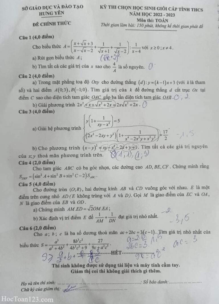 Đề thi HSG Toán 9 THCS tỉnh Hưng Yên 2022-2023 - Học Toán 123