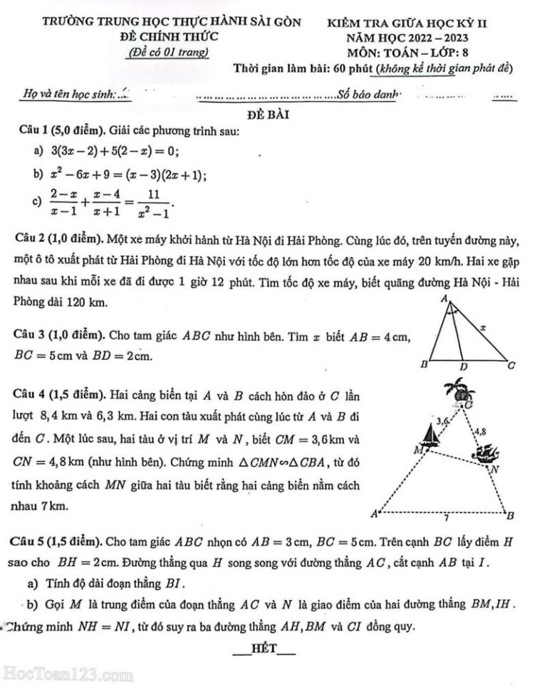 Đề kiểm tra giữa HK2 Toán 8 Trung học thực hành Sài Gòn 2022-2023