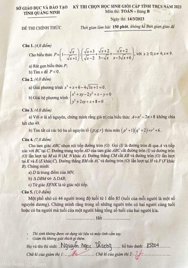Đề thi HSG Toán 9 THCS tỉnh Quảng Ninh 2022-2023 - Học Toán 123