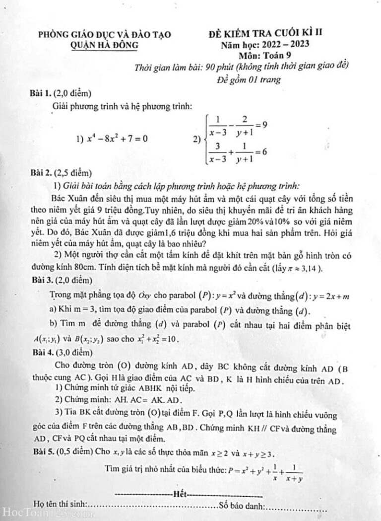 Đề kiểm tra HK2 Toán 9 quận Hà Đông 2022-2023 - Học Toán 123