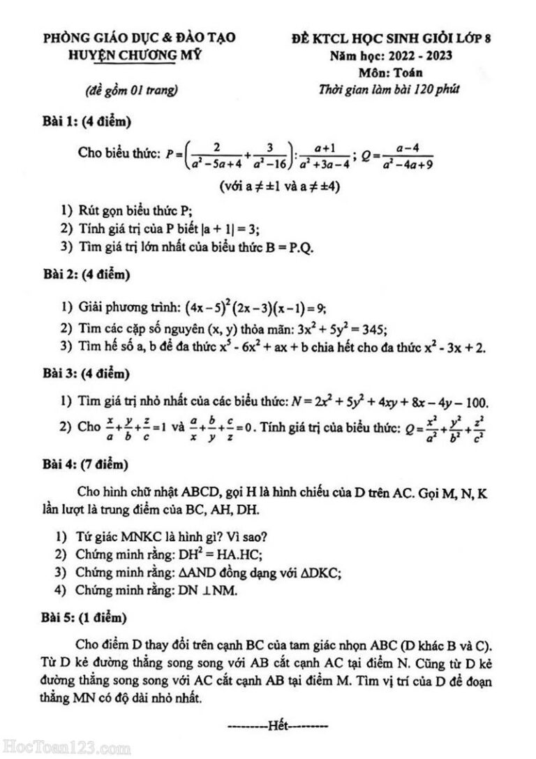 Đề thi HSG Toán 8 huyện Chương Mỹ 2022-2023 - Học Toán 123