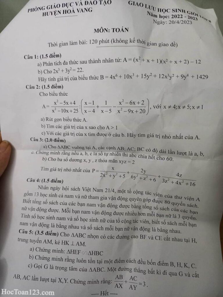 Đề thi HSG Toán 8 huyện Hòa Vang 2022-2023 - Học Toán 123