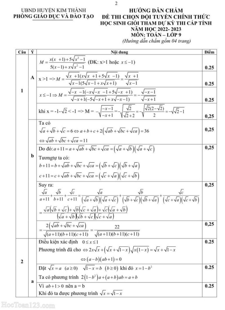 Đề thi HSG Toán 9 huyện Kim Thành 2022-2023 có đáp án - Học Toán 123