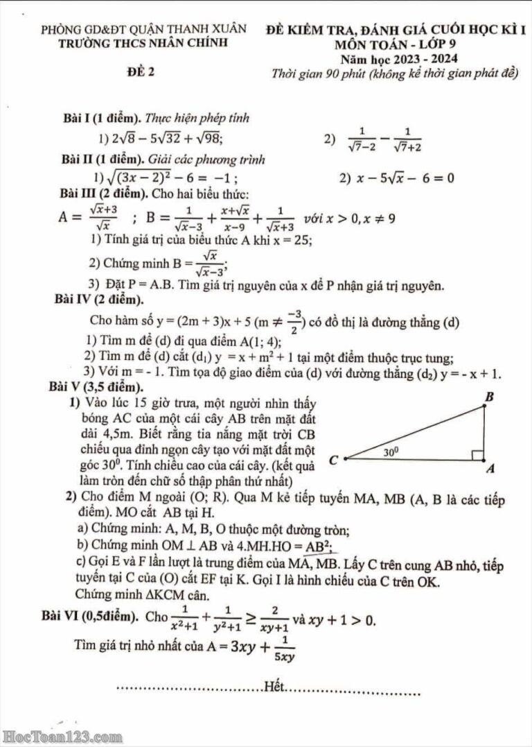 Đề kiểm tra đánh giá cuối HK1 môn Toán 9 THCS Nhân Chính 2023-2024 - Học Toán 123