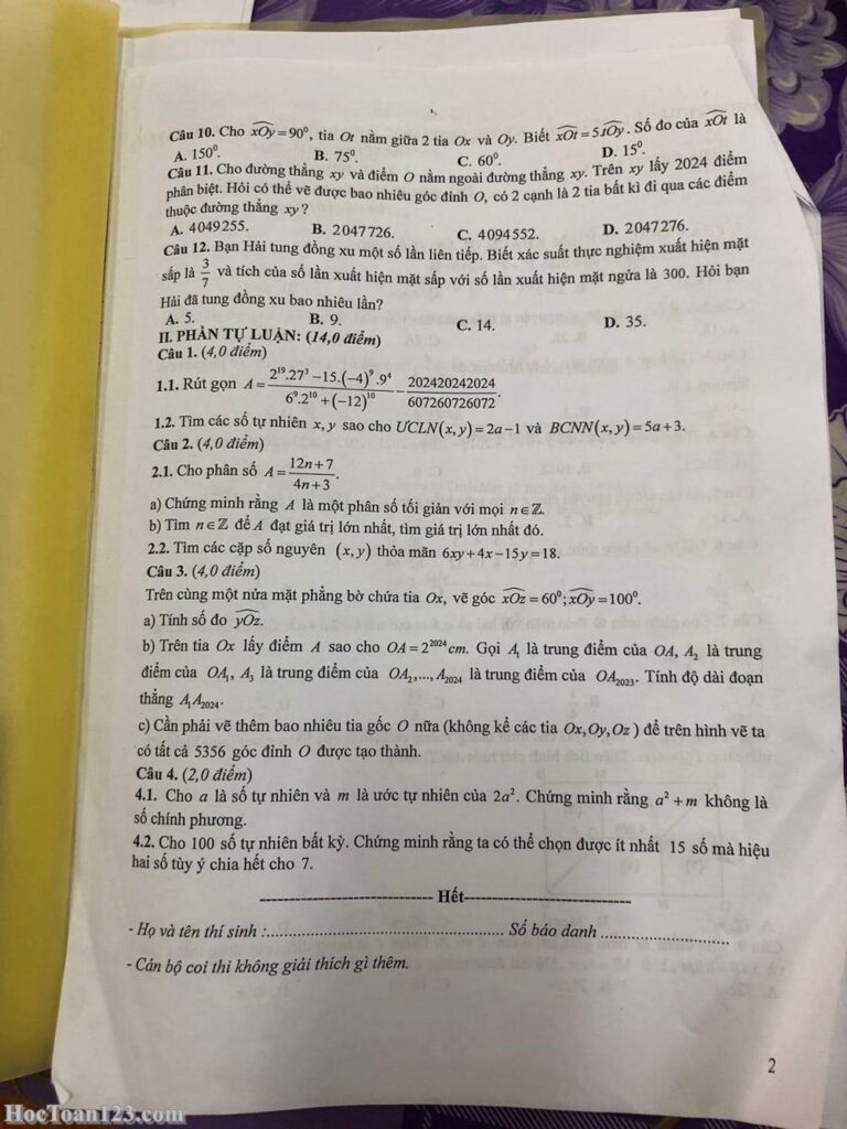 Đề thi chọn HSG Toán 6 huyện Lâm Thao 2023-2024 - Học Toán 123