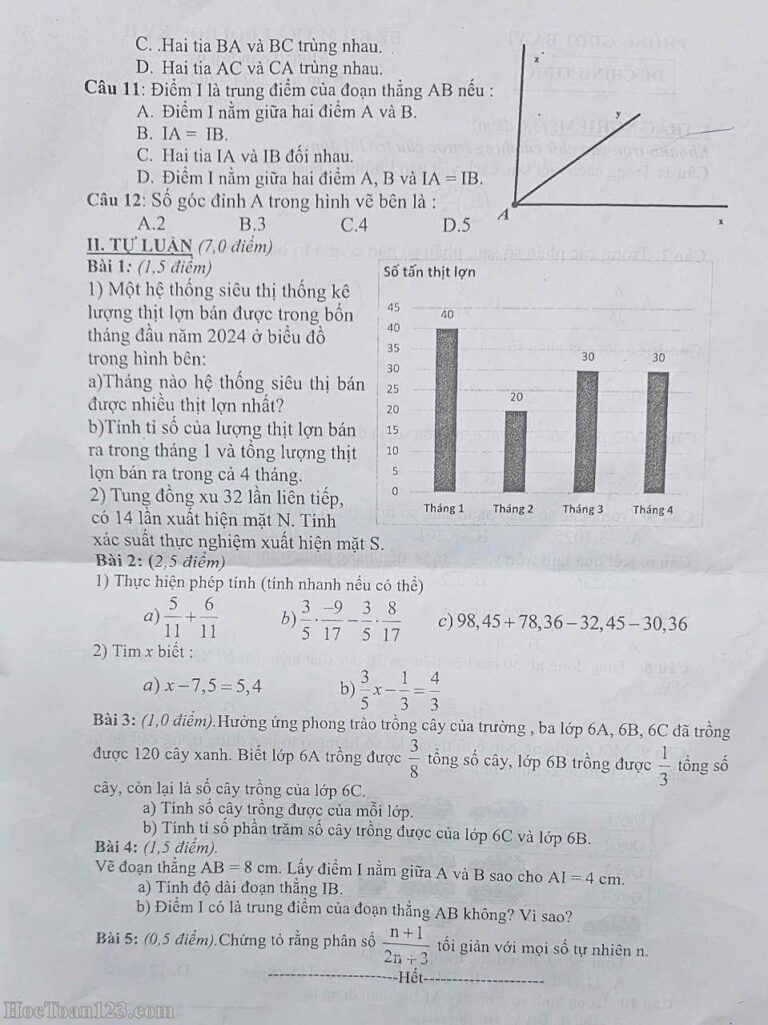 Đề thi cuối HK2 môn Toán 6 huyện Ba Vì 2024-2025 - Học Toán 123